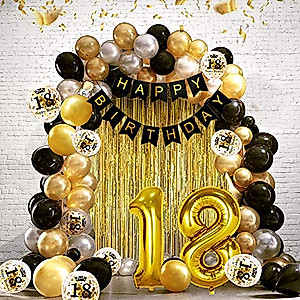 MOVINPE 18th Black Gold Birthday Party Decoration, Happy Birthday Banner, Jumbo Number 18 Foil Balloon, 2 Fringe Curtain, Latex Confetti Balloon, Table Confetti for Boy Girl Men Women Anniversary
