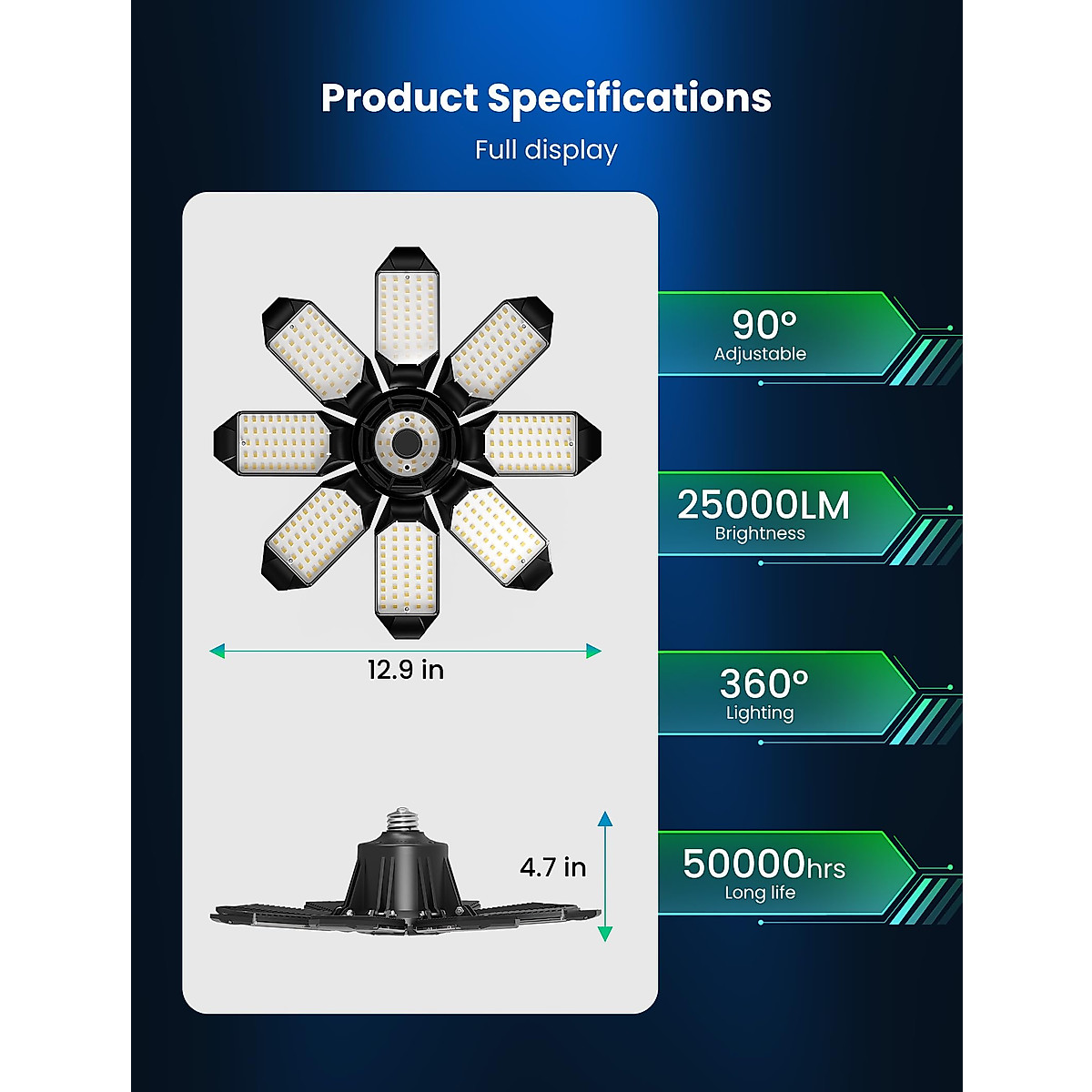 Craftersmark LED Garage Lights 250W - 6500K Garage Lights Ceiling LED, 25000LM Deformable LED Garage Lighting Fixture, Shop Lights for Garage, Basement, Barn, High Bay Light