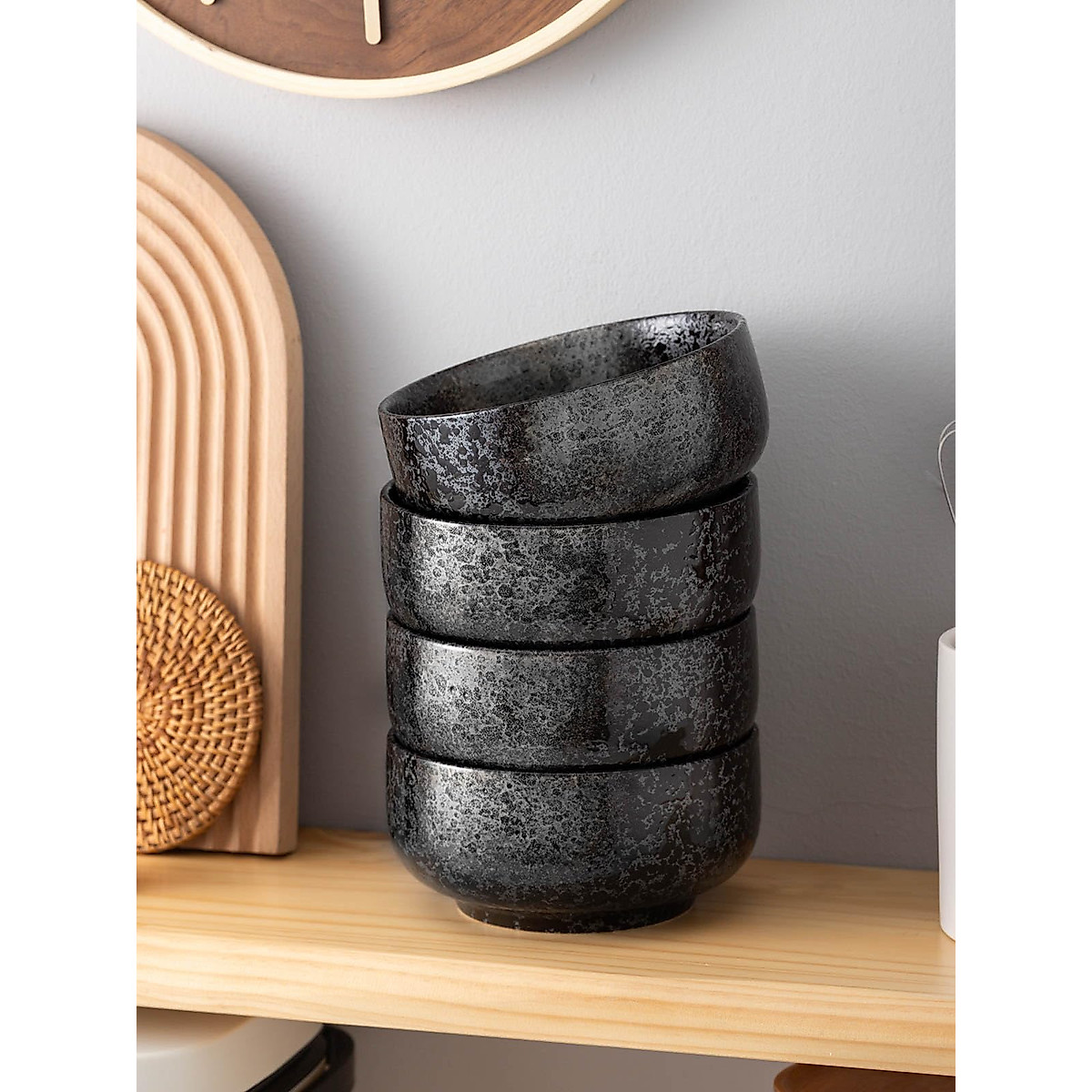 Kanwone Ceramic Bowls - 32 Ounce Bowl Set for Cereal, Salad, Noodle and Soup, Japanese Noodle Bowls - Set of 4, Black, Microwave and Dishwasher Safe