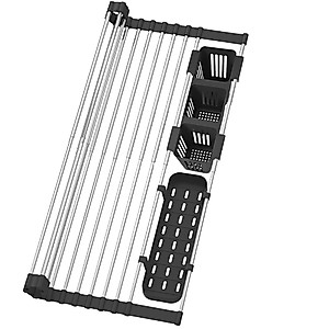 BBXTYLY Black Expandable Roll Up Dish Drying Rack Up to 22.8''with 2 Storage Baskets,Over The Sink Rolling up Dish Drainer, Foldable,Rollable,for Kitchen Dishes,Cups