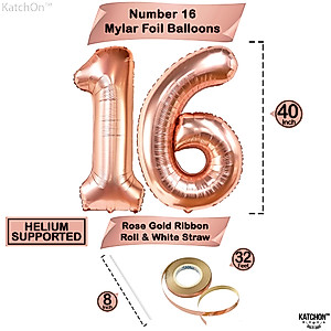 KatchOn, Sweet 16 Balloons Rose Gold - 40 Inch | Sweet 16 Birthday Decorations | Rose Gold 16 Balloon Numbers with Confetti Balloons | Sweet Sixteen Balloons | 16th Birthday Decorations for Girls