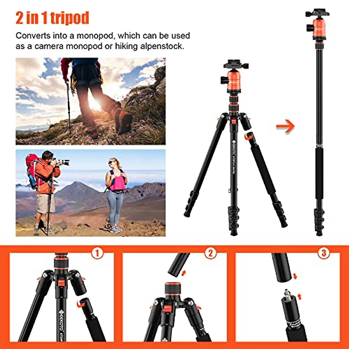 [Upgrade Version] GEEKOTO 77'' Tripod, Aluminum Camera Tripod Monopod, Foldable DSLR Tripod for Travel, Compact Tripod with 360 Panorama Ball Head Quick Release Plate for Travel and Work