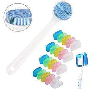 V-TOP 20 Pack Toothbrush Covers + Silcone Back Brush with Long Handle (Blue)