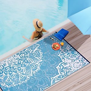 Lush Ambience Outdoor Rug - Waterproof, Reversible, Crease Free, Stain Resistant, Fade Resistant - Premium Recycled Plastic Small Rugs for Patio, Porch, Deck, Laundry Room - Deniz Teal 3X5 ft