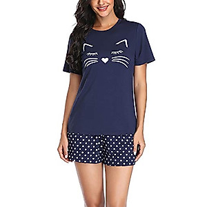 EISHOPEER Women's Pajama Set Cat Print Tops and Polka Dot Pants Shorts Pjs Sets Navy Blue M