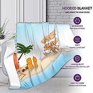 Hooded Blanket Summer Ocean Beach Tropical Palm Trees Flannel Wearable Throw Cape Robe Wrap Fleece Warm Air-Conditioning Quilt 60"X50"
