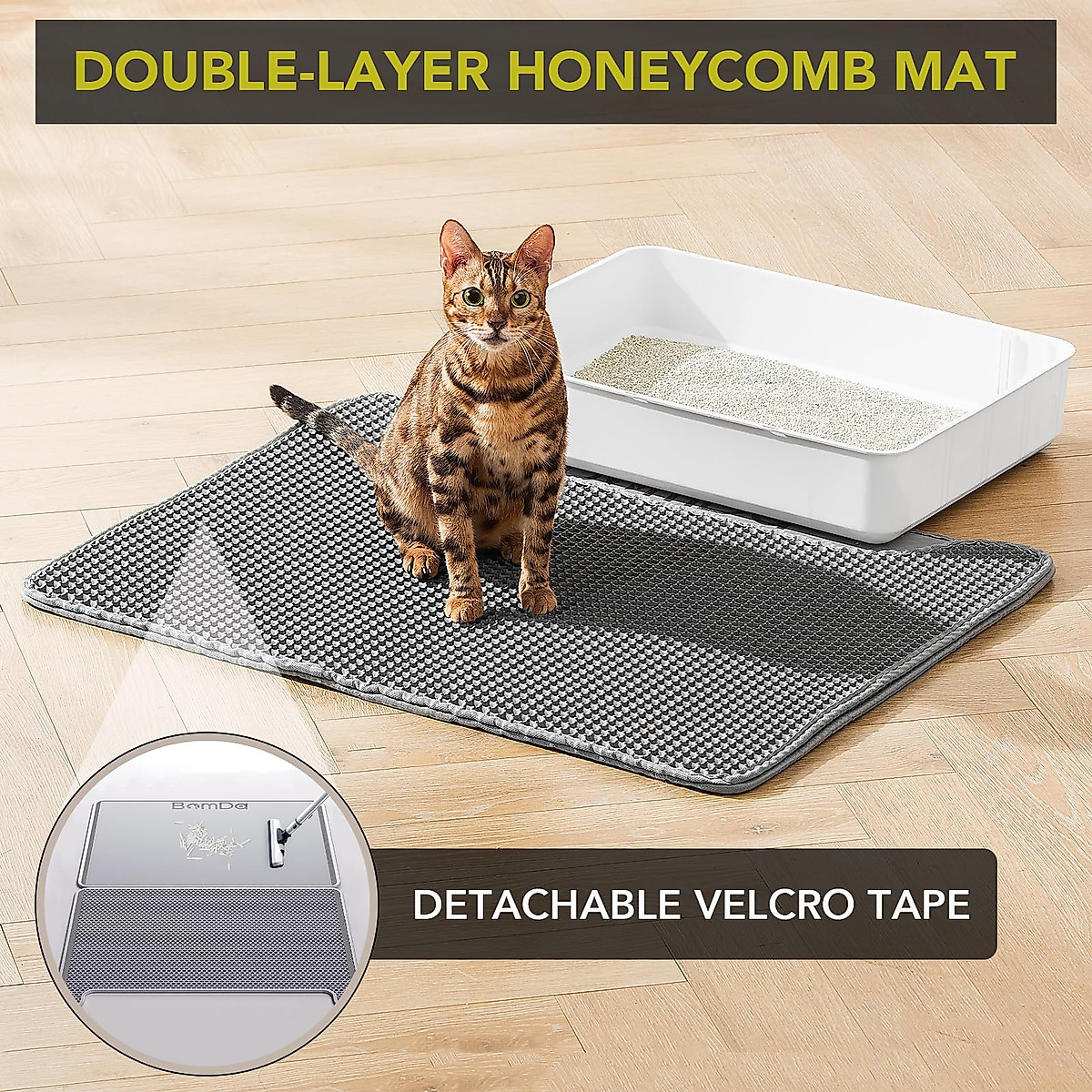 BomDa Cat Litter Mat, Large Kitty Litter Box Trapping Mat, 23x17'' Honeycomb Double Layer Urine & Waterproof, Washable Easy Clean, Litter Mats for Floor Less Waste, Anti-Slip