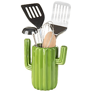 MyGift Southwestern Style Green Ceramic Utensil Holder with Cactus Shaped Design, Countertop Utensil Crock Container Kitchen Decor