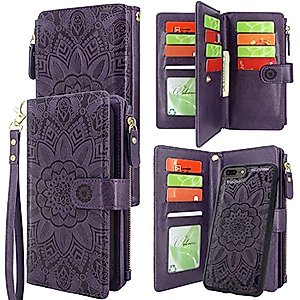 Harryshell Detachable Magnetic Zipper Wallet Leather Case Cash Pocket with Multi Card Slots Holder Wrist Strap for iPhone 8 Plus/iPhone 7 Plus / 6S Plus 5.5 Inch Floral Flower (Deep Purple)