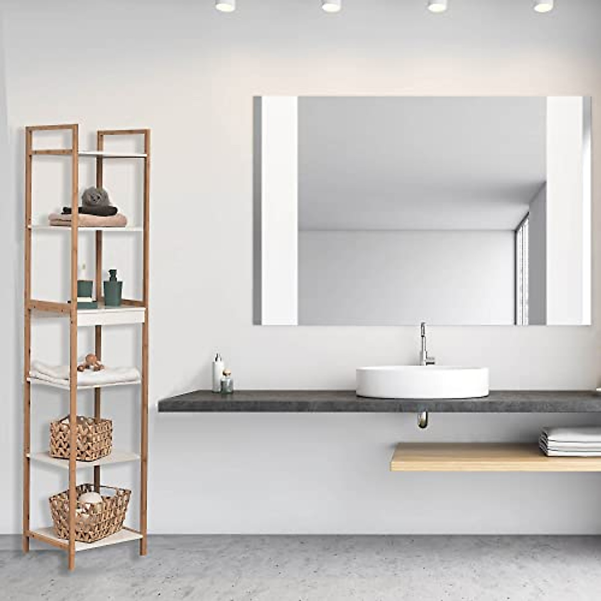 Evideco French Home Goods Tower Shelving Unit Storage Padang 6 Shelves Bamboo Frame Wood White