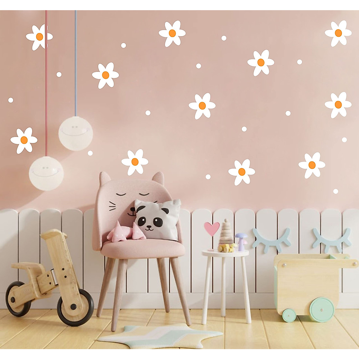Daisy Flower with dots Wall Decals Nursery Decal Living Room Vinyl Wall Decal Wall Sticker Kids Room Wall Decor Y43 (White,Yellow, Design 1)