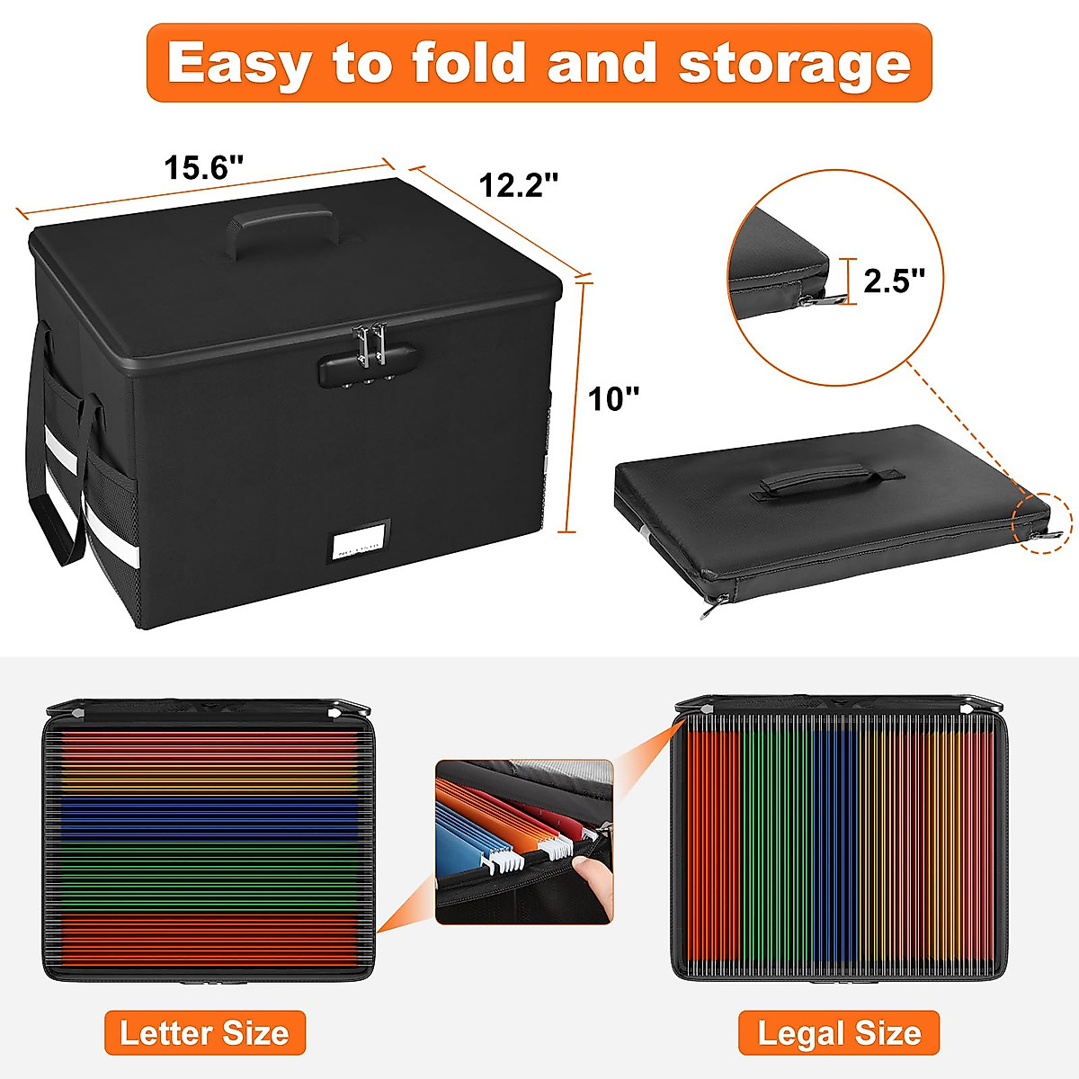 Raybee File Box Fireproof Document Box with Lock Portable File Storage Organizer Box with Mesh Pockets Collapsible Filling Box with Handle Home Office Safe File Cabinet for Hanging Letter
