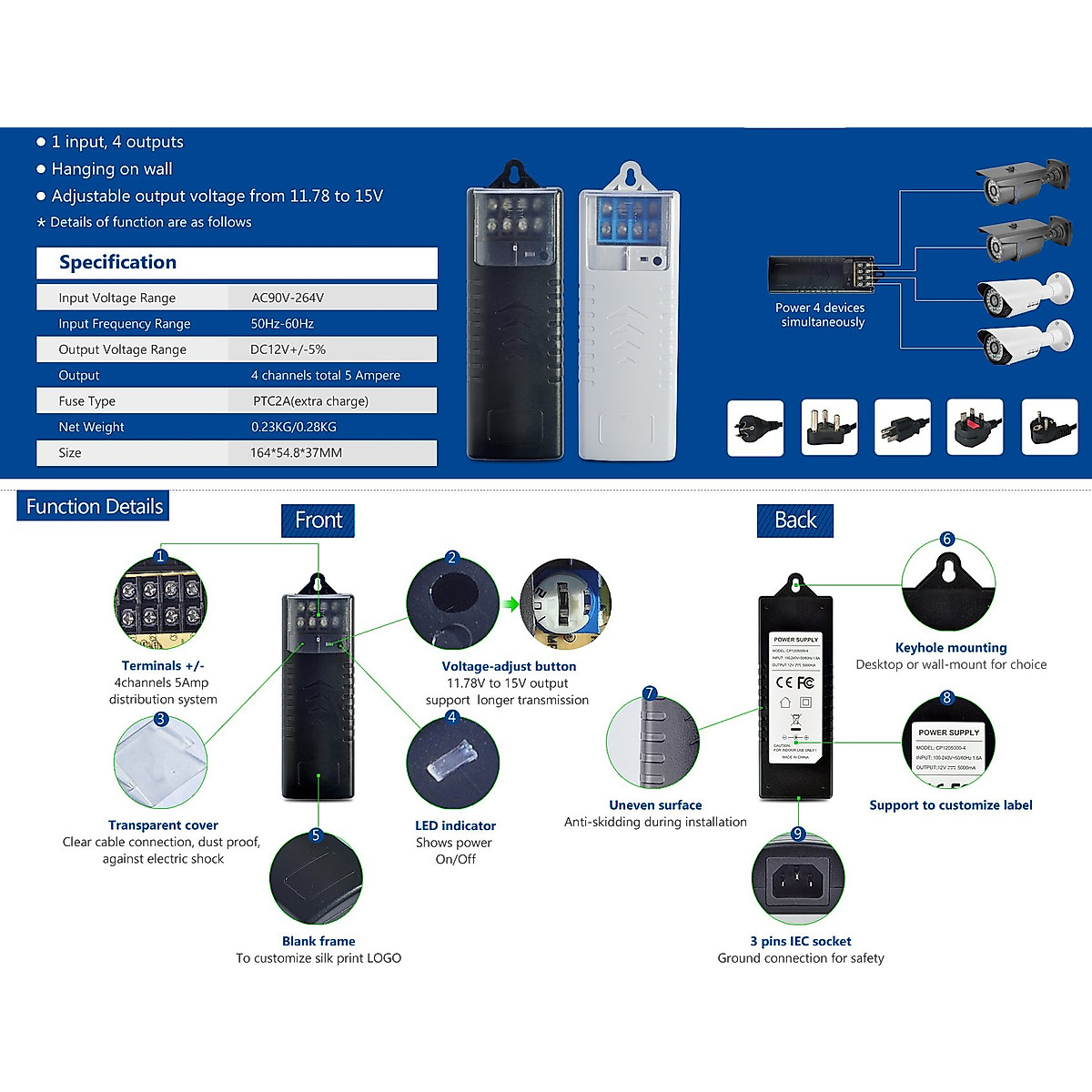 EVERSECU 4 Channel CCTV Camera Power Supply 5 Amp Distribution Power Supply 90V-264VAC Input to 12V-13.8VDC Output Security Camera Power Adapter with PTC Fuse