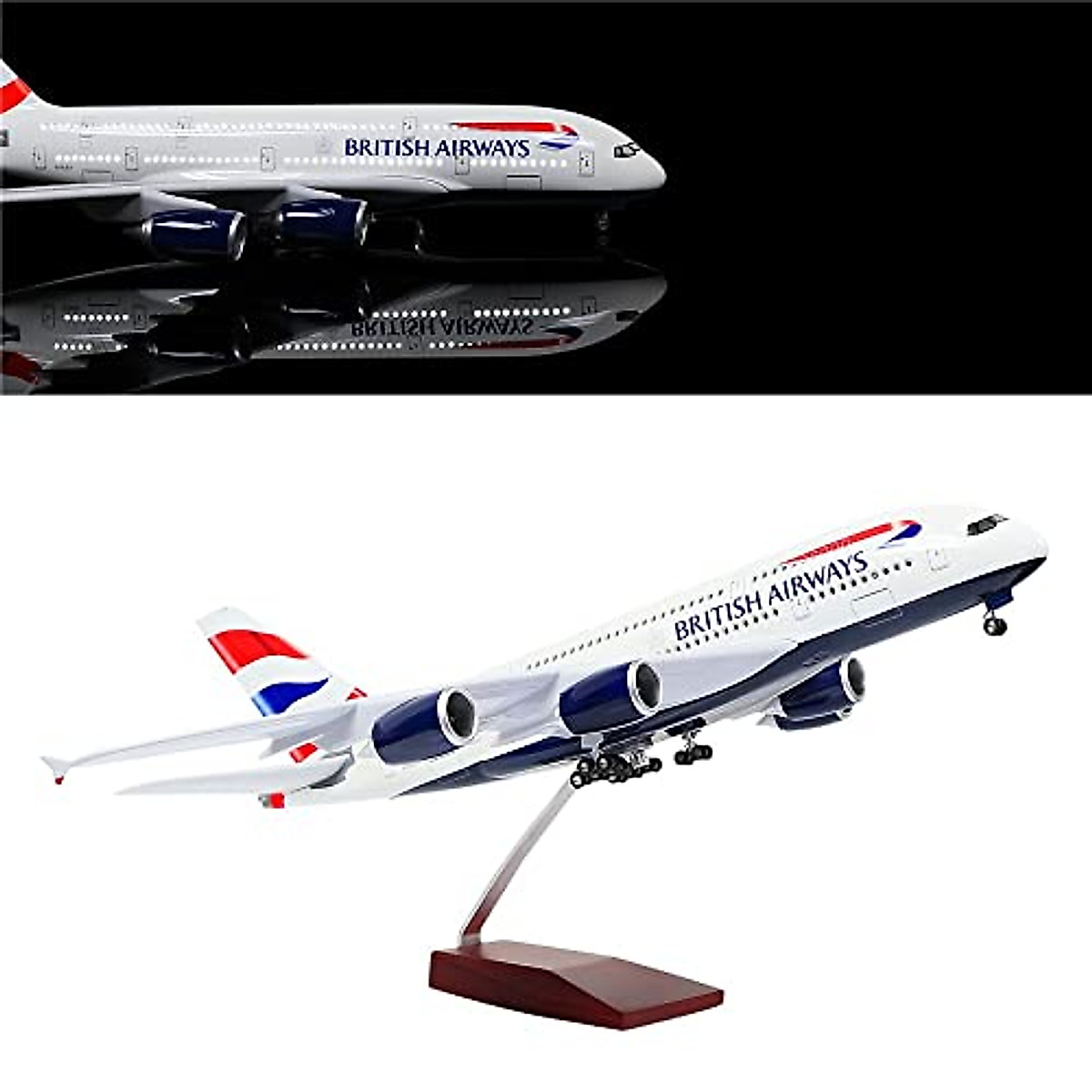 24-Hours 18" 1:160 Scale Diecast Plane Model British Airways A380 Model Airplane Collection with LED Light(Touch or Sound Control) for Decoration or Gift