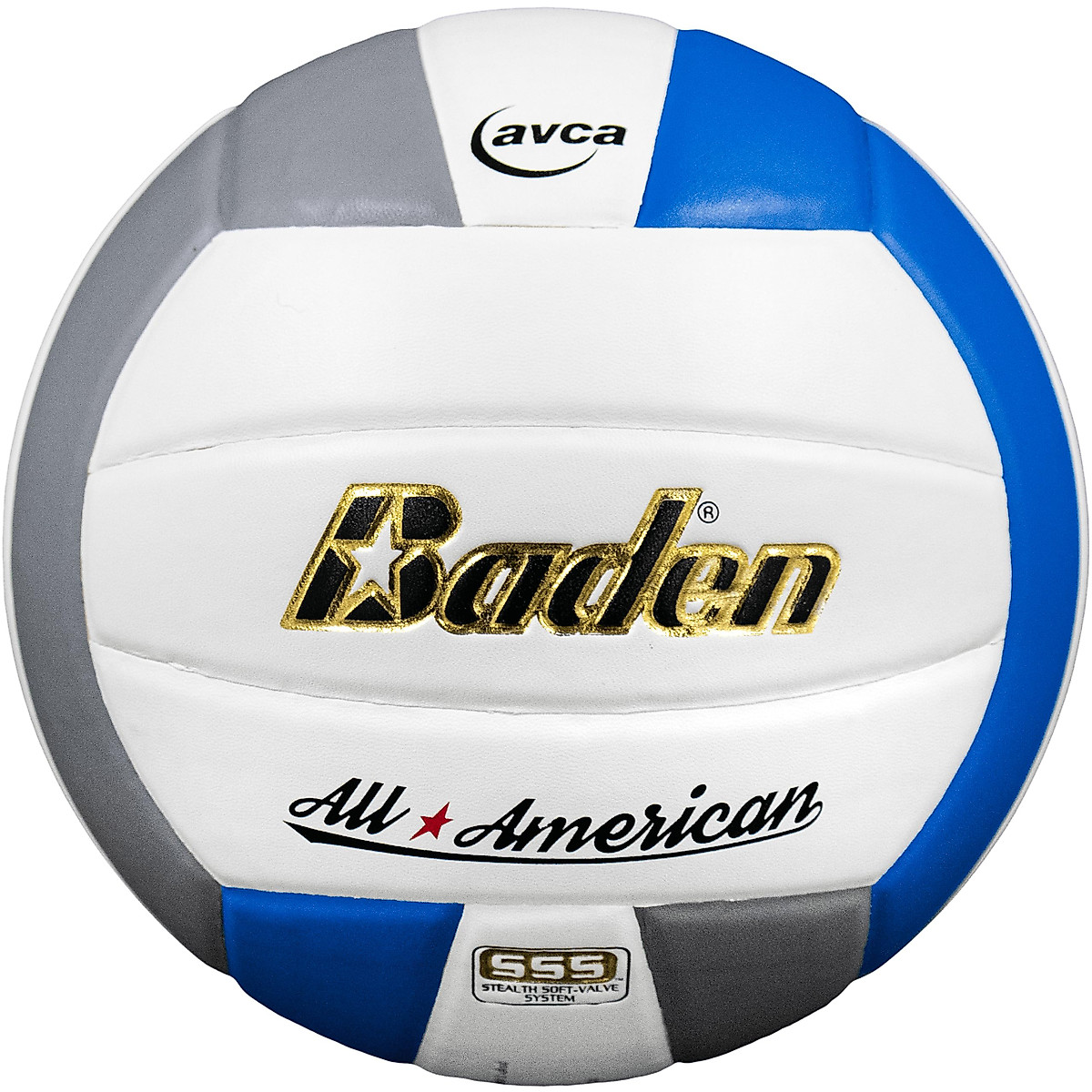 Baden | All American | Premium Composite Leather Feel | Indoor Tournament Volleyball | Built for Club Volleyball 13U to 18U | Official Size + Weight | Grey/Blue/White | AVCA Approved