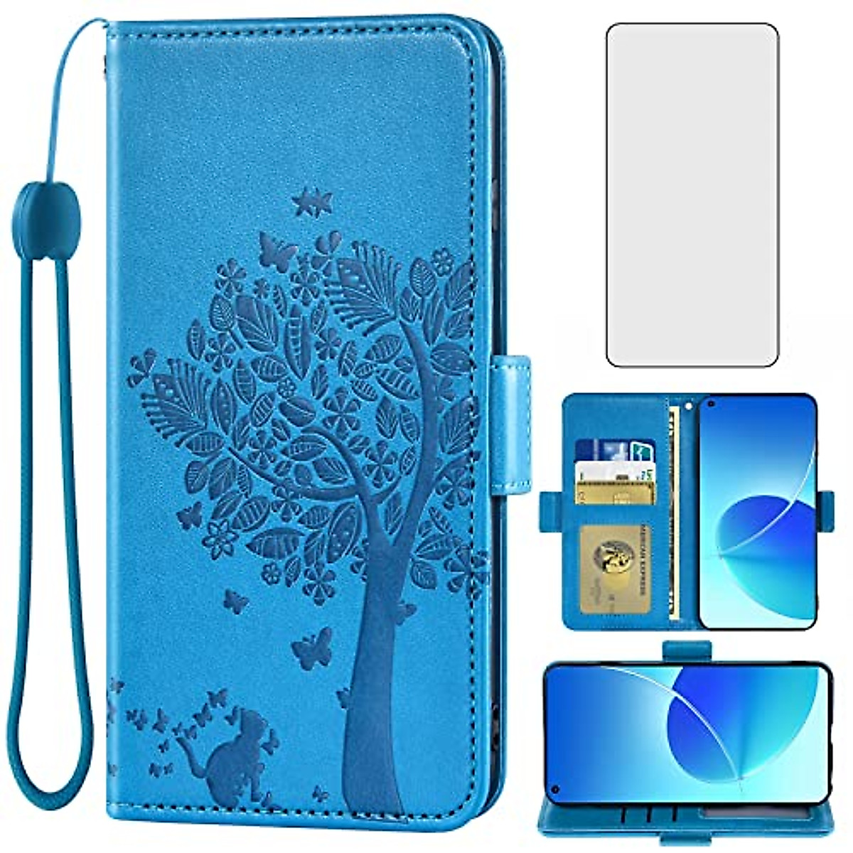 Asuwish Compatible with Oppo Reno 6 5G Wallet Case and Tempered Glass Screen Protector Flip Purse Accessories Wrist Strap Credit Card Holder Stand Cell Phone Cover for Reno6 2021 Women Men Blue