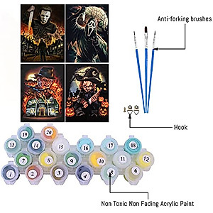 4 Pack Halloween Paint by Numbers for Adults,Terror Acrylic Oil Painting Kits,Horror Paint by Number Kits on Canvas, DIY Oil Paintings Supplies for Kids Beginners Arts and Crafts Home Decor 12" x 16"