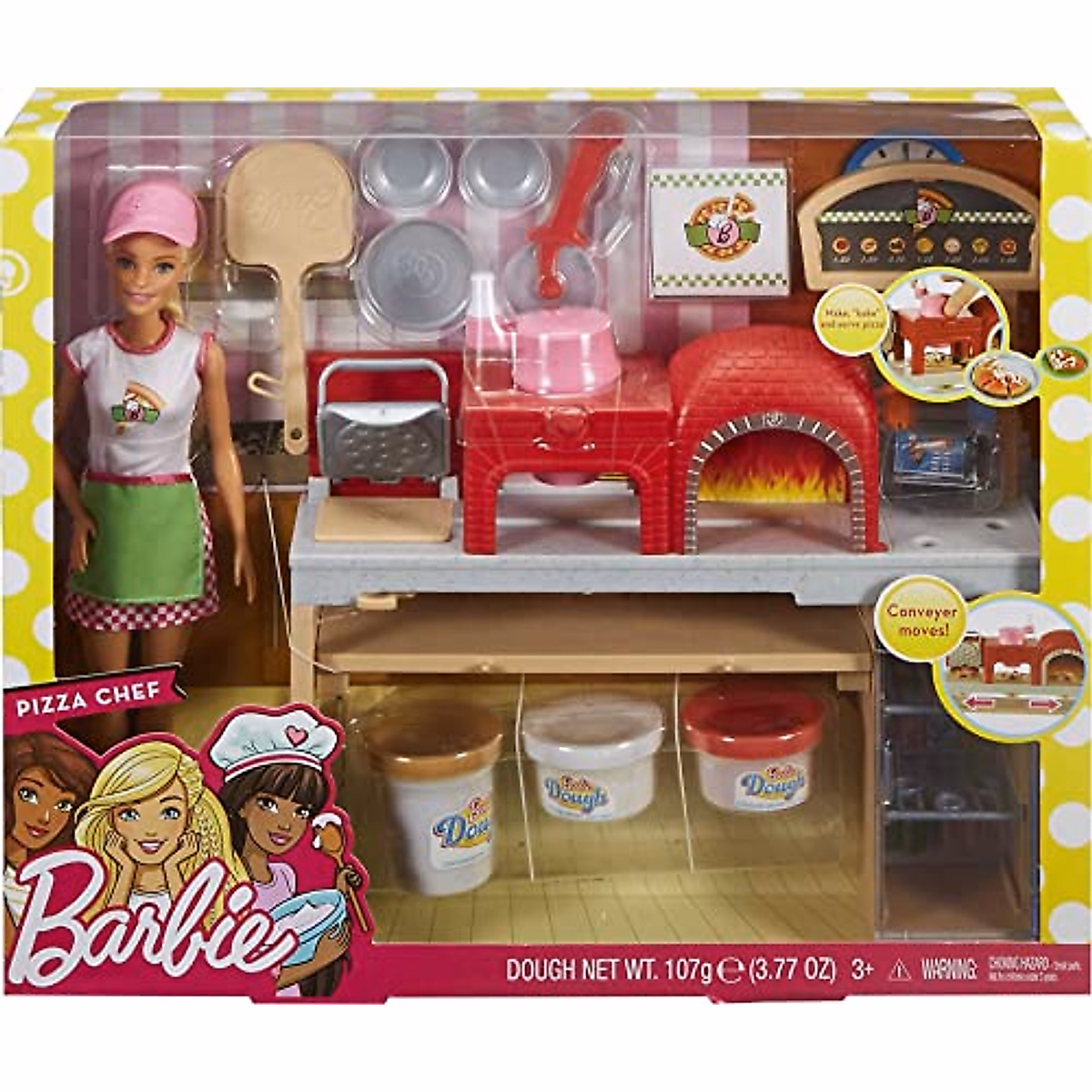 Barbie Pizza Chef Doll & Playset, Toy Oven & Counter with Sliding Conveyer Belt, Molds, 3 Dough Colors & Accessories (Amazon Exclusive)
