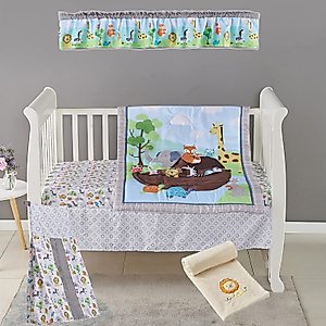 6 PCs Noah's Ark Nursery Crib Bedding Set Blue Grey Animal Theme Baby Crib Bedding Set Quilt + Skirt + Fitted Sheet + Diaper Storage Bag + Blanket + Window Valance
