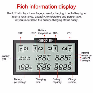 Miboxer C4-12 Universal Smart Rechargeable Battery Charger Intelligent 4 Slot Output Li-ion 4X3A,Ni-MH/NiCd 2X1A for 18650 AA C 26650 16340(RCR123) 14500 and More But Except LiFePO4