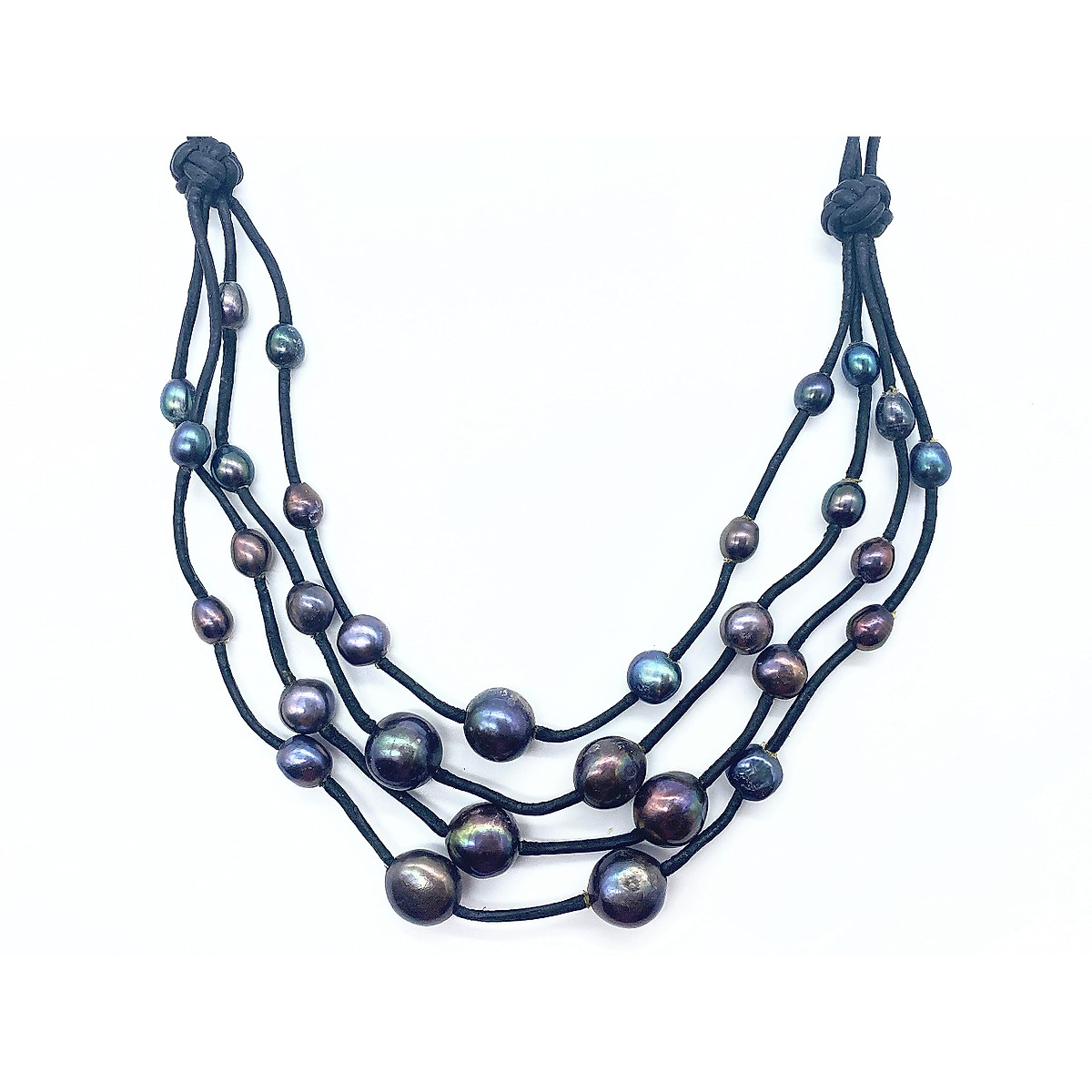 Peacock Black Pearl Bib on Black Leather Cord