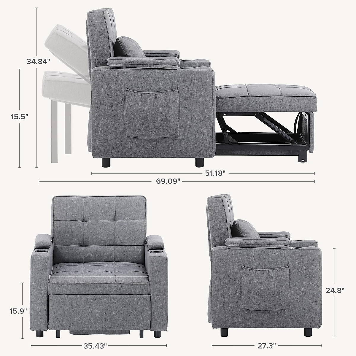 COMHOMA Convertible Sleeper Chair Bed, Armchair Bed Sleeper with Cup Holders, 3-in-1 Single Convertible Chair, Futon Chair Bed with Side Pocket, Pull Out Sleeper Bed for Living Room(Grey)