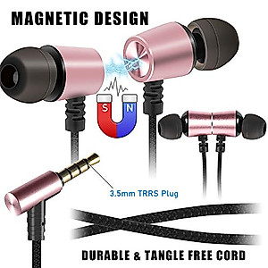 EXMAX S3 Deep Bass 3.5mm Earphones Wired Earbuds in Ear Buds Workout Headphones with Microphone Mic Magnetic Design Stereo Sound Metal Tangle-Free for Smartphone Laptop Computer MP3 Tablet- Rose Gold