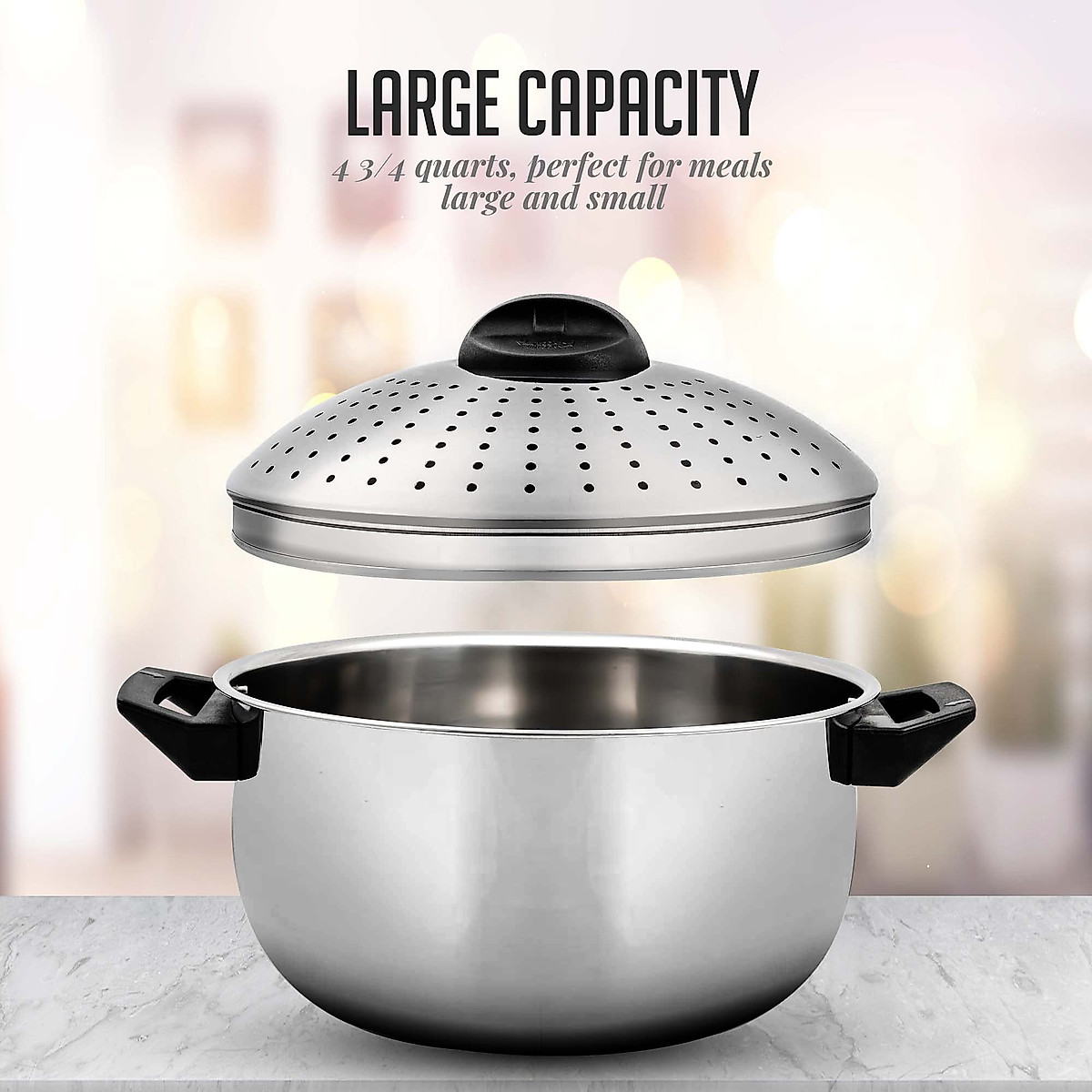 Ovente 4.8 Quart Stovetop Stainless Steel Pasta Pot with Strainer Lid & Locking Feature, Easy Storage and Pour Safe with Cool Touch Handles Perfect for Cooking Noodle Veggie or Sauce, Silver CW15131S