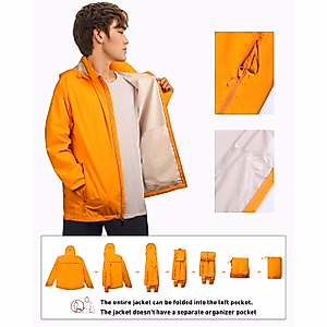 ATLASLAVA Men's Packable Rain Jackets Lightweight Waterproof Reflective Windbreaker Coat with Hood Cycling Running Golf Orange 2XL