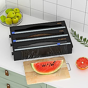 Foil and Plastic Wrap Organizer, 3 in 1 Plastic Wrap Dispenser with Cutter for Kitchen Drawer, Bamboo Roll Organizer Holder for Aluminum Foil and Wax Paper, Compatible with 12" Roll (Black)