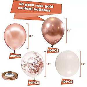 Rose Gold Confetti Balloons, 50 Pack Rose Gold White Balloons and Rose Gold Metallic Balloons for Birthday Wedding Engagement Bachelor Bridal Shower Party Decorations
