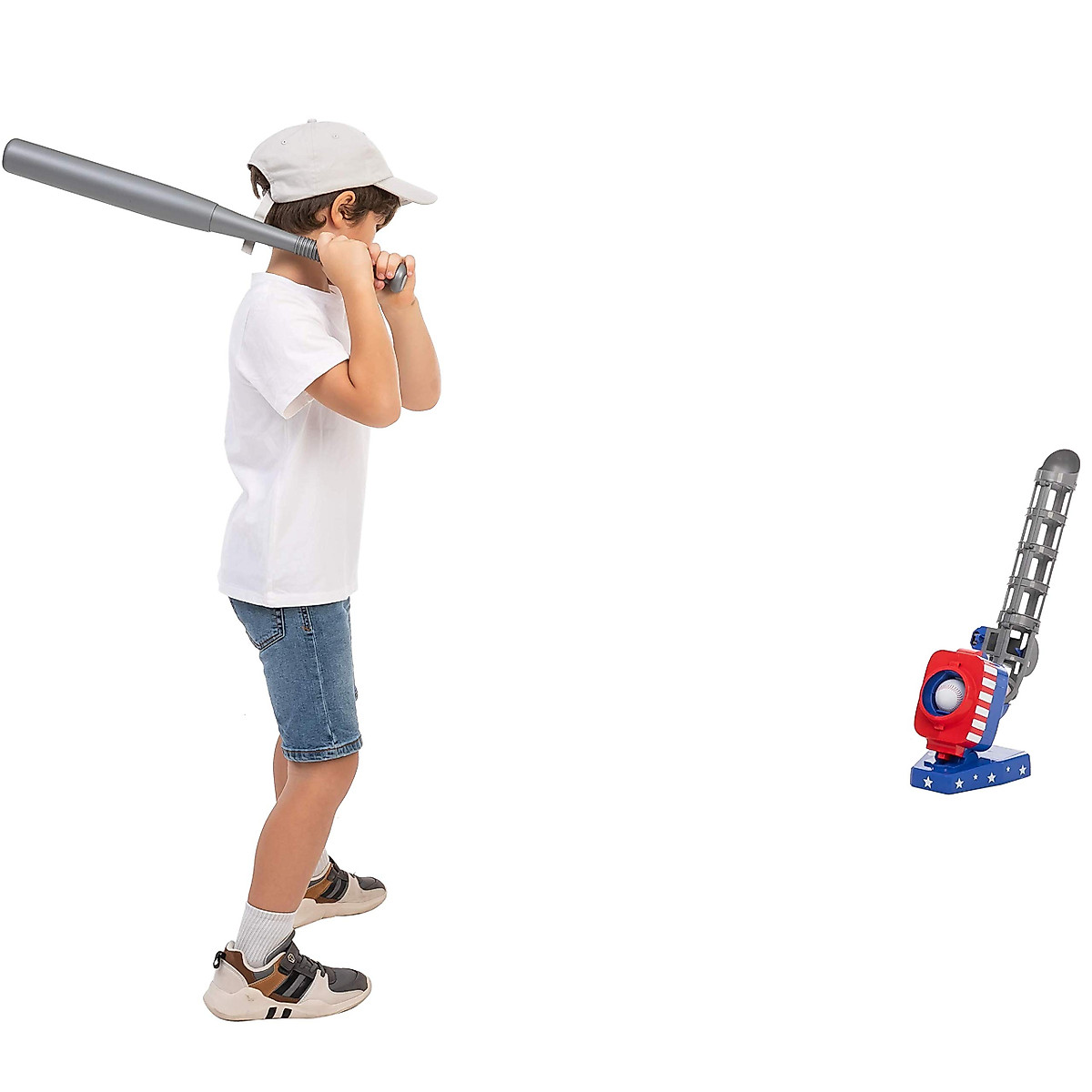 JOYIN 2 in 1 Automatic Pitcher Play Set, Toy Tennis and Baseball Pitching Machine, Tennis Baseball Training Toy Set for Kids Backyard Outdoor Pitcher Game, Patriotic American USA Flag Baseball Toy