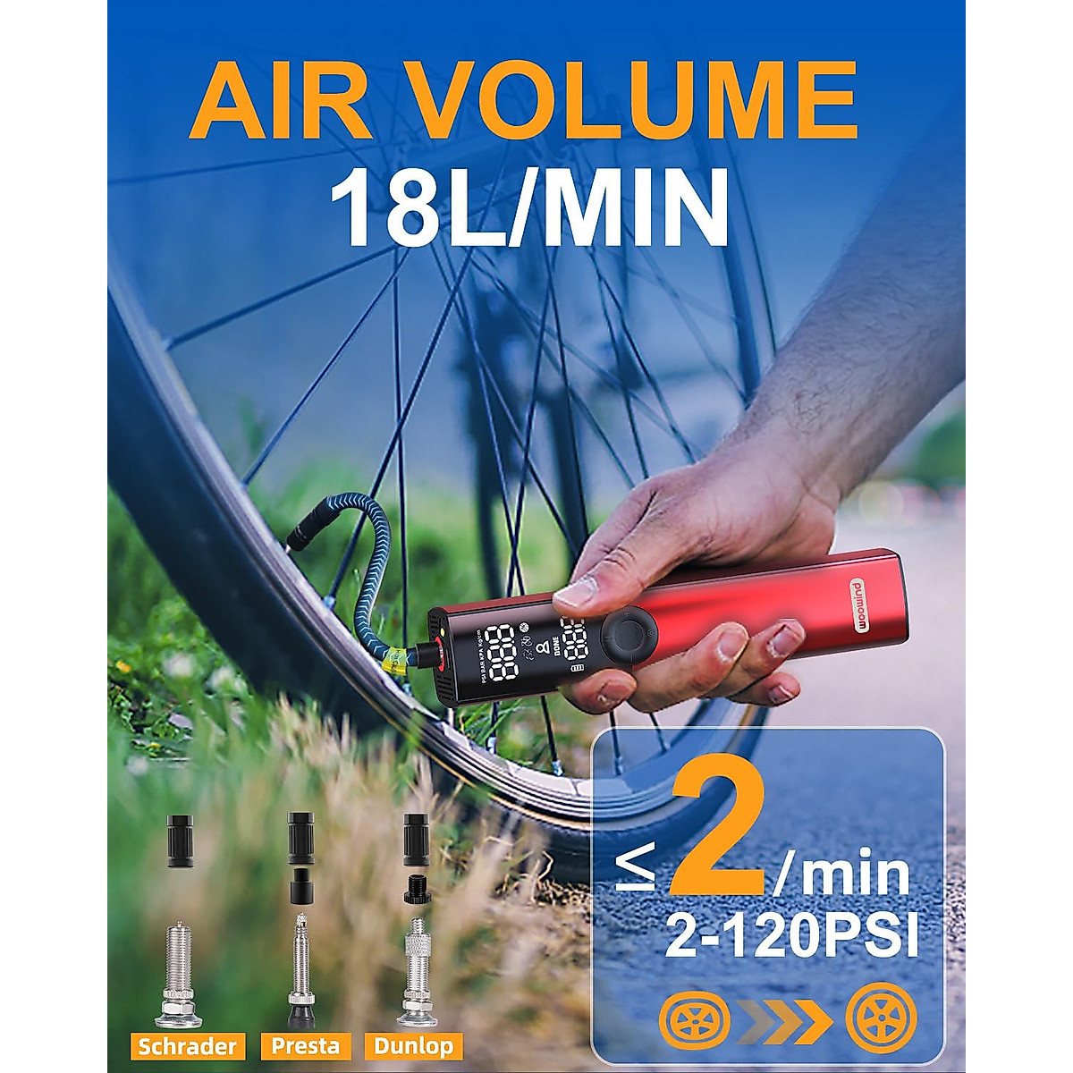 Bike Pump, The Pro Electric Bicycle Pump - Woowind BP188 Tire Inflator Portable Air Compressor with Schrader, Presta and Dunlop Valve Adapters - 150PSI (Red)