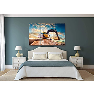 YKing1 Excavator at a Construction site Against The Setting Sun Wall Art Painting Pictures Print On Canvas Stretched & Framed Artworks Modern Hanging Posters Home Decor 3PANEL