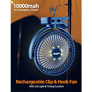 Viniper 8 inch Rechargeable Clip Fan with LED Light, 10000mah Battery Camping Hanging Fan with Timer : 360° Rotation, 3 Speeds, Tent Fan with Hanging Hook - Blue