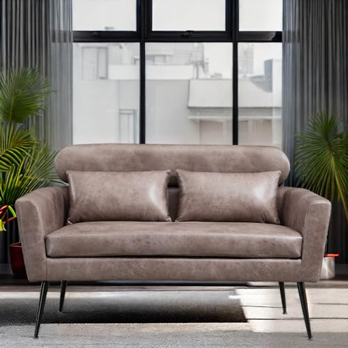 51" Faux Leather Loveseat Sofa with 2 Throw Pillows,Mid-Century Loveseat Faux Leather Sofa Couch for Small Space,Two-Seater Sofa with Metal Legs,Small Mini Room Couch for Office (Taupe)