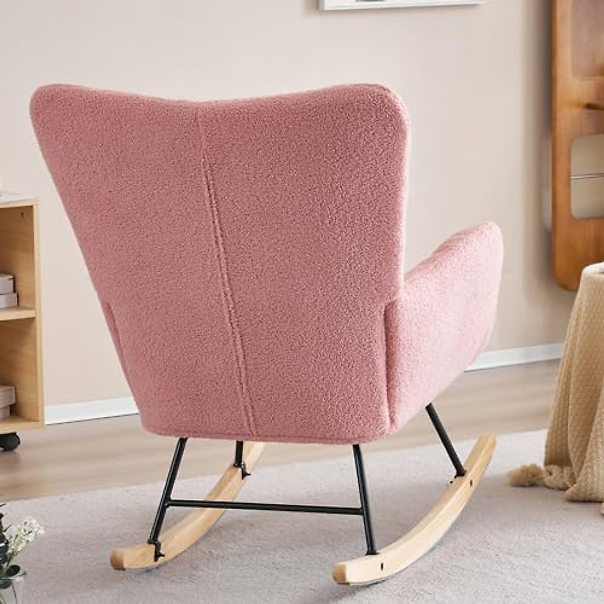 Furnimart Rocking Chair, Nursery Glider Rocker with High Backrest, Upholstered Glider Rocking Chairs for Nursery, Pink Comfy Reading Chair, Teddy Fabric Side Chair for Living Room, Bedroom