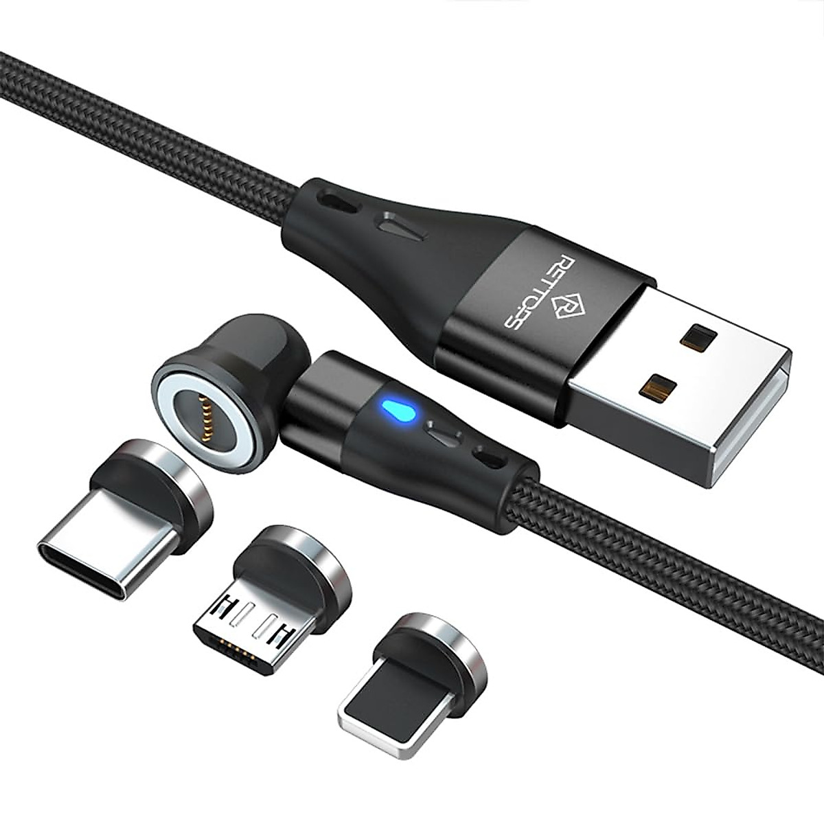RETTOPS 540°, 7 pin Rotation USB Magnetic Charging Cable, 3 in 1 Charger [4-Pack, 3ft/3ft/6ft/6ft] 3A Fast Charging Cable Support Data Transfer Magnetic Charger Cable for iPhone/Micro USB/Type C