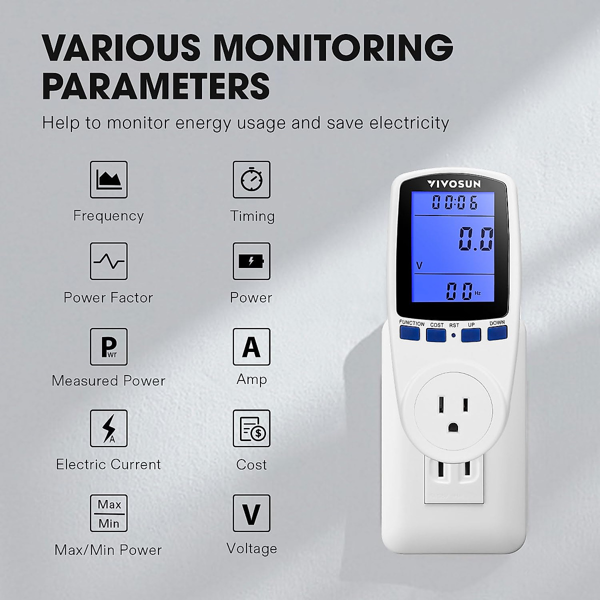 VIVOSUN Upgraded Electricity Usage Monitor, Plug-in Power Meter, Watt Voltage Amps Meter with Backlight LED, Home Energy Monitor, Overload Protection and 7 Display Modes for Energy Saving
