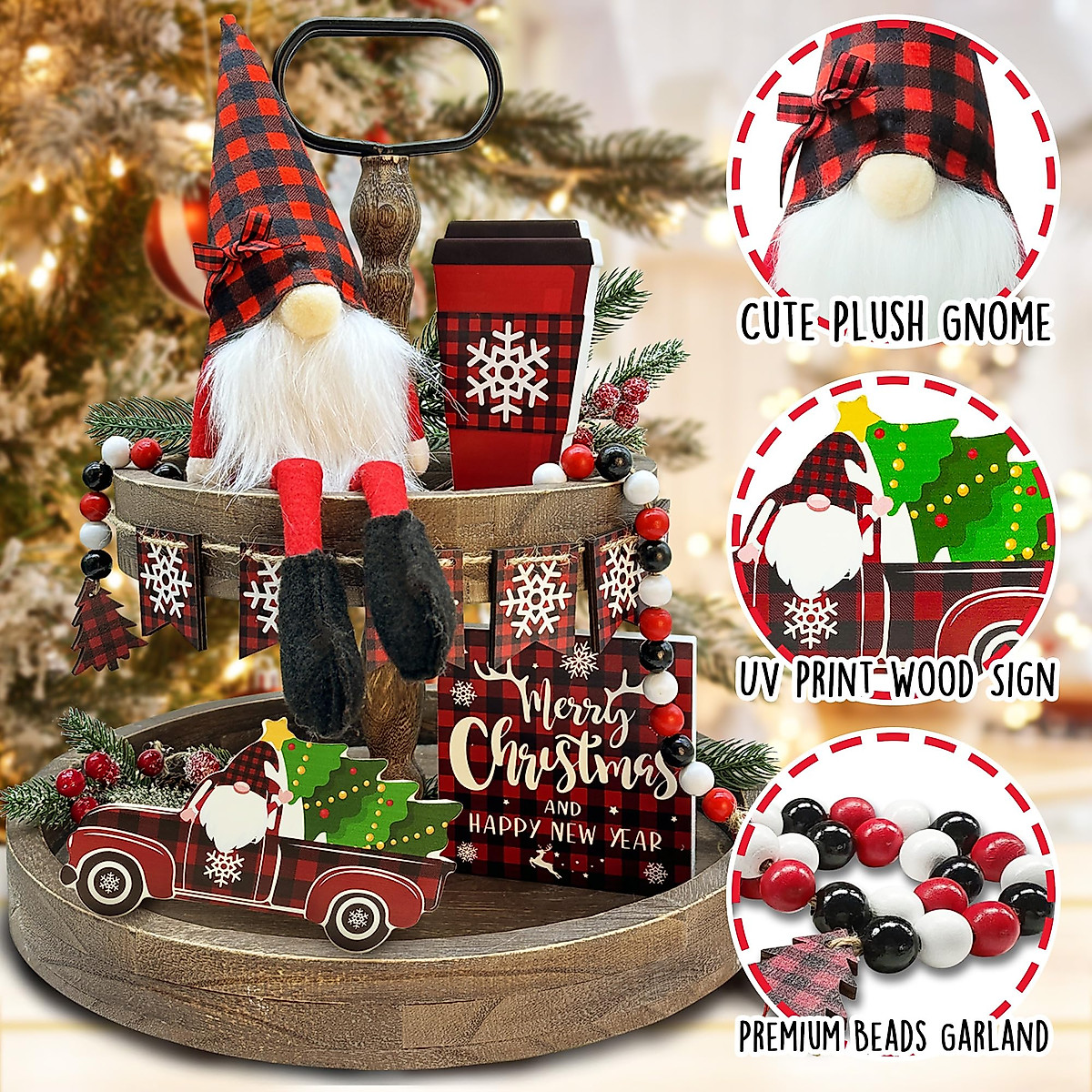 Christmas Tiered Tray Decorations, Christmas Wooden Signs & Gnome Plush Decor Buffalo Plaid 6 PCS for Home Indoor Table, Xmas Tabletop Farmhouse Rustic for Home Kitchen Holiday