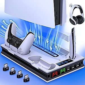 PS5 Stand with 3 Level Cooling Fan, Dual Fast PS5 Controller Charging Station Incl. 4 USB C Dongles, 3 USB Hubs, Headset Holder, Media Slot,PS5 Accessories PS5 Cooling Station for Sony P5 Digital/Disc