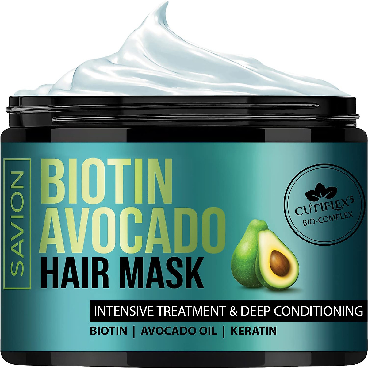 SAVION Avocado Oil & Biotin Hair Mask - Intensive Treatment & Deep Conditioning for Dry Damaged Hair - CUTIFLEX5 with Natural Keratin, Collagen, Shea Butter, Argan Oil, Jojoba Oil, and Almond Oil