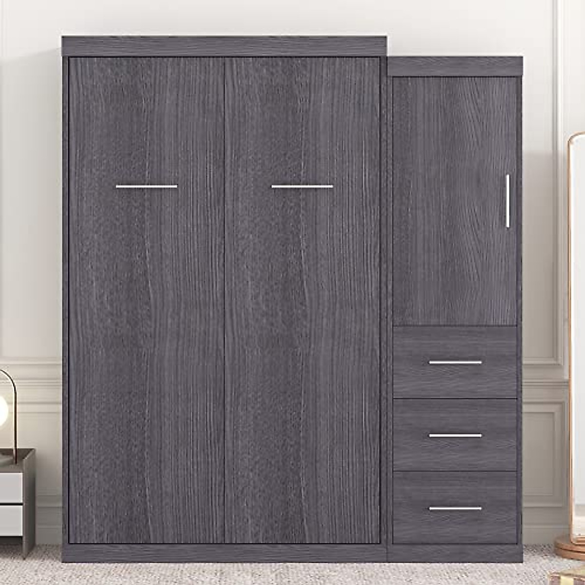 MOEO Twin Size Murphy Bed with Wardrobe and Drawers, Storage Bed, Can be Folded into a Cabinet, Wood Bedframe for Kids and Adults, Bedroom, Dorm, No Box Spring Required, Easy Assembly, Gray