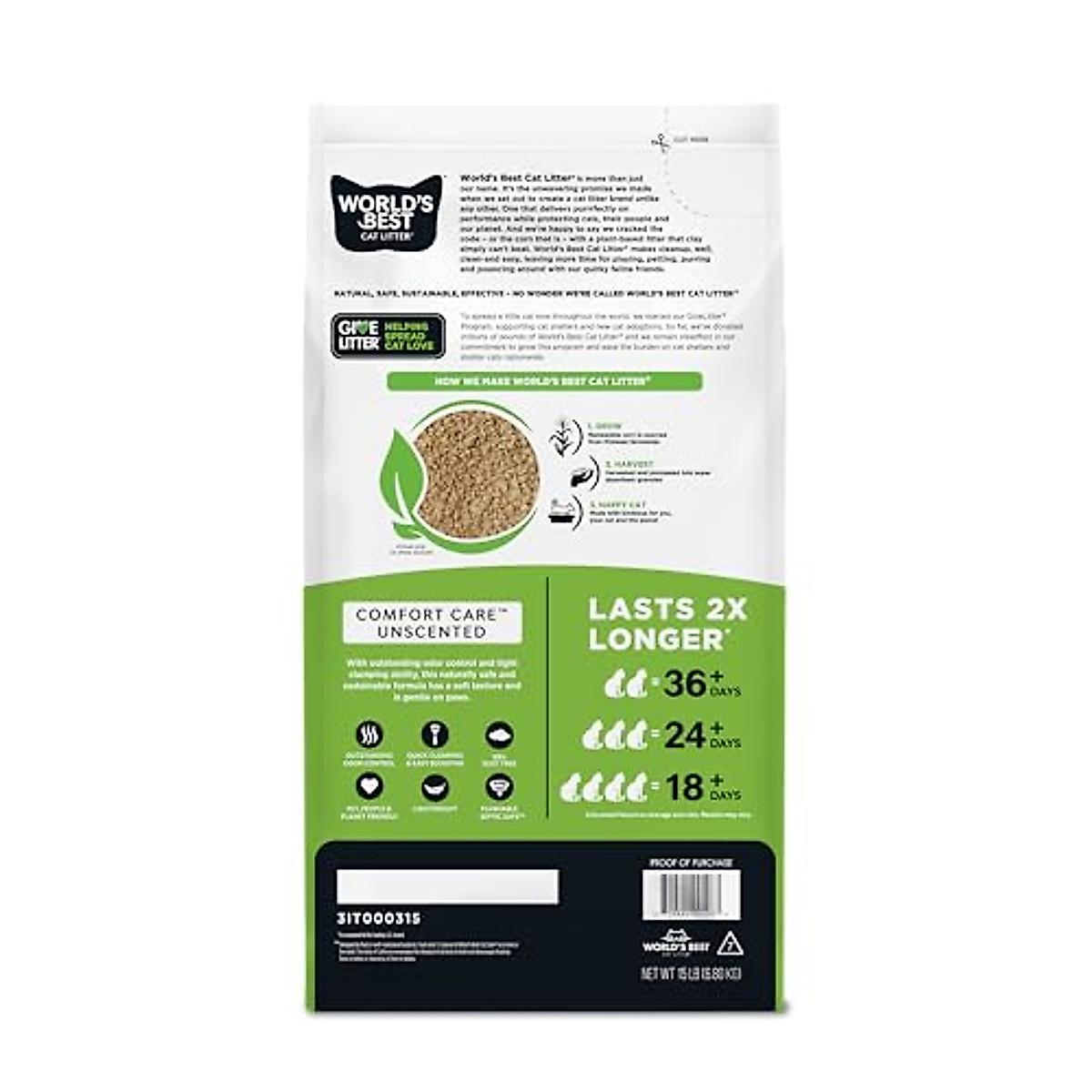 WORLD'S BEST CAT LITTER Comfort Care Unscented 15-Pounds - Natural Ingredients, Quick Clumping, Flushable, 99% Dust Free & Made in USA - Long-Lasting Odor Control & Easy Scooping