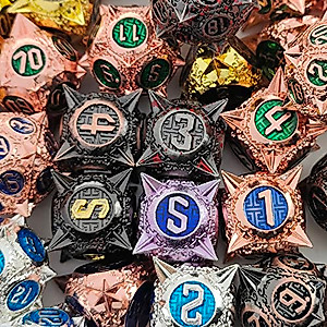 Metal DND Dice Set, Round Tip Dice 7 Polyhedral Dice, Mtg Pathfinder D20 Set for Rpg Roleplaying Dice Game D20 Free Leather Storage Bag Bloodstains