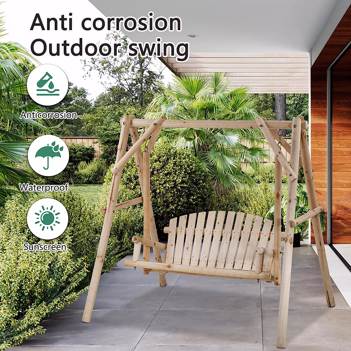 Swing and Swing Frame Combination Porch Swing with Stand Log Swing Stand 67 Inch Wooden Porch Swing A-Frame Backyard Swing Chair Outdoor Rustic Curved Garden Swing Bench, Nature