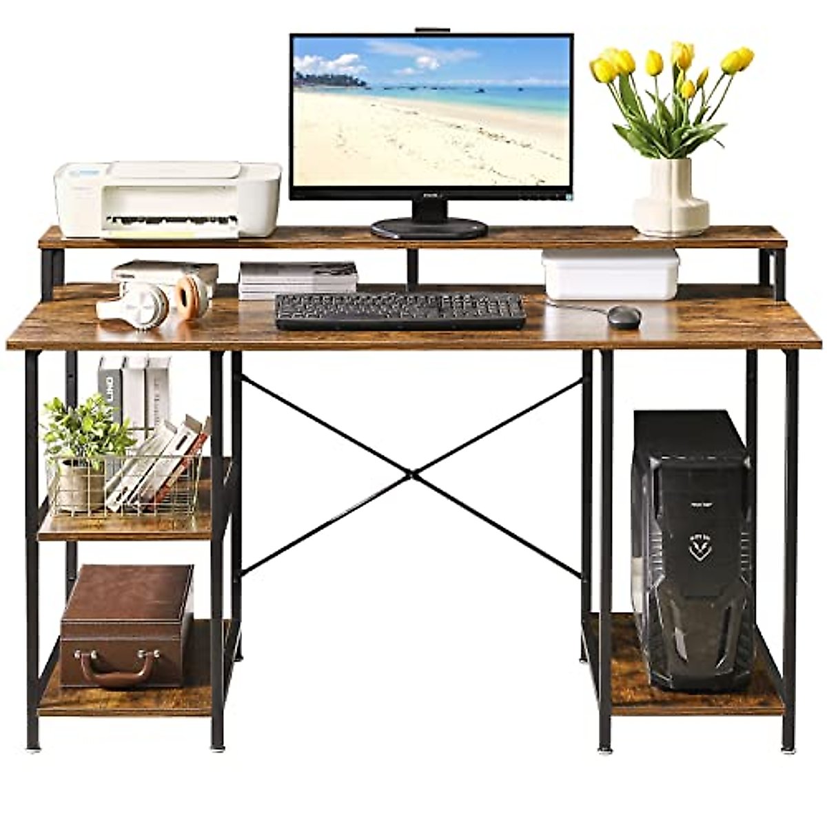 IBUYKE 55" Computer Desk, Office Table, Gaming Workstation with Storage Shelves/Monitor Stand, Study Table for Home Office, Space-Saving, Easy to Assemble, Rustic Brown and Black UTMJ056H