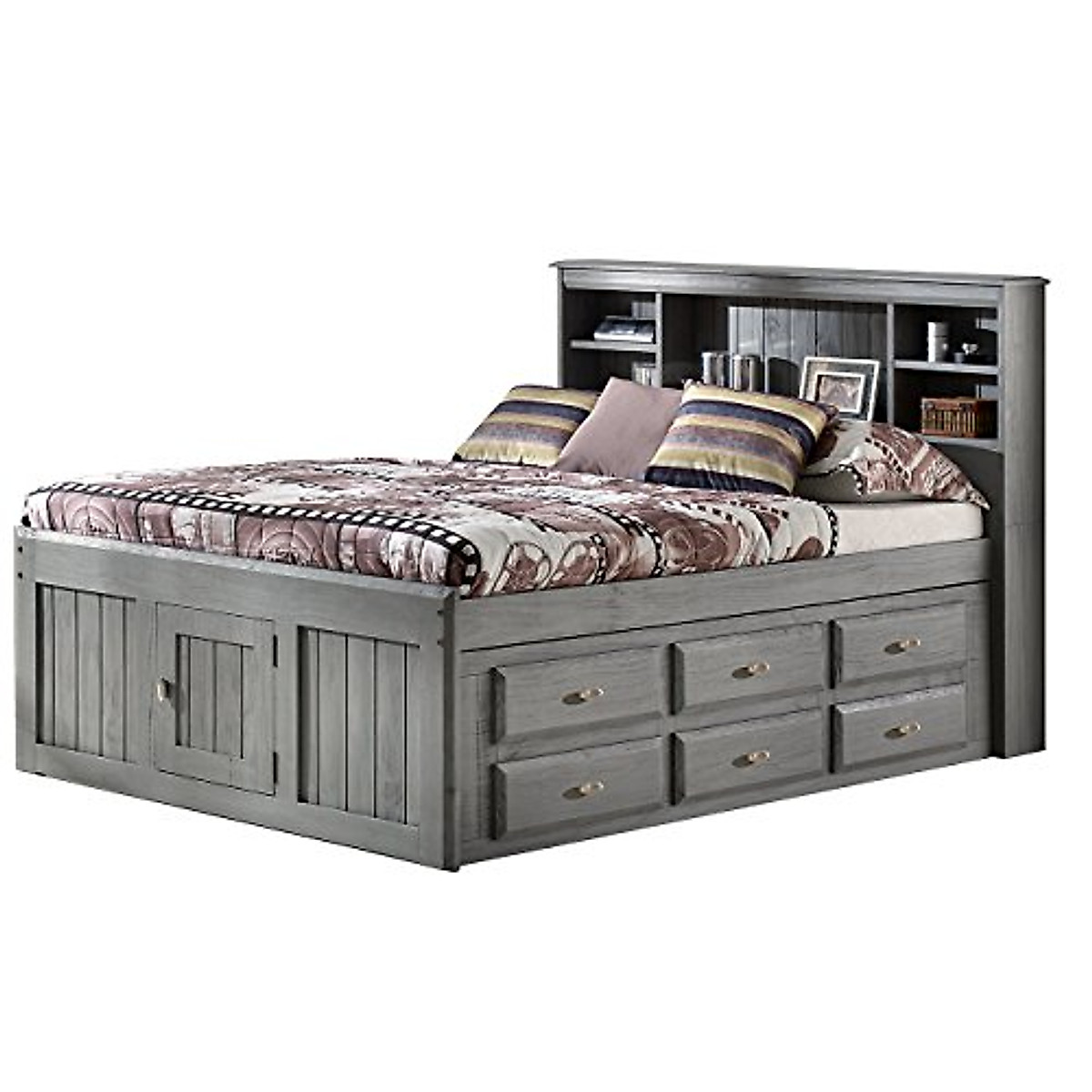 Discovery World Furniture Charcoal Full Size Bookcase Captain Bed with 6 Drawer Storage on ONE Side Opposite Side is Open