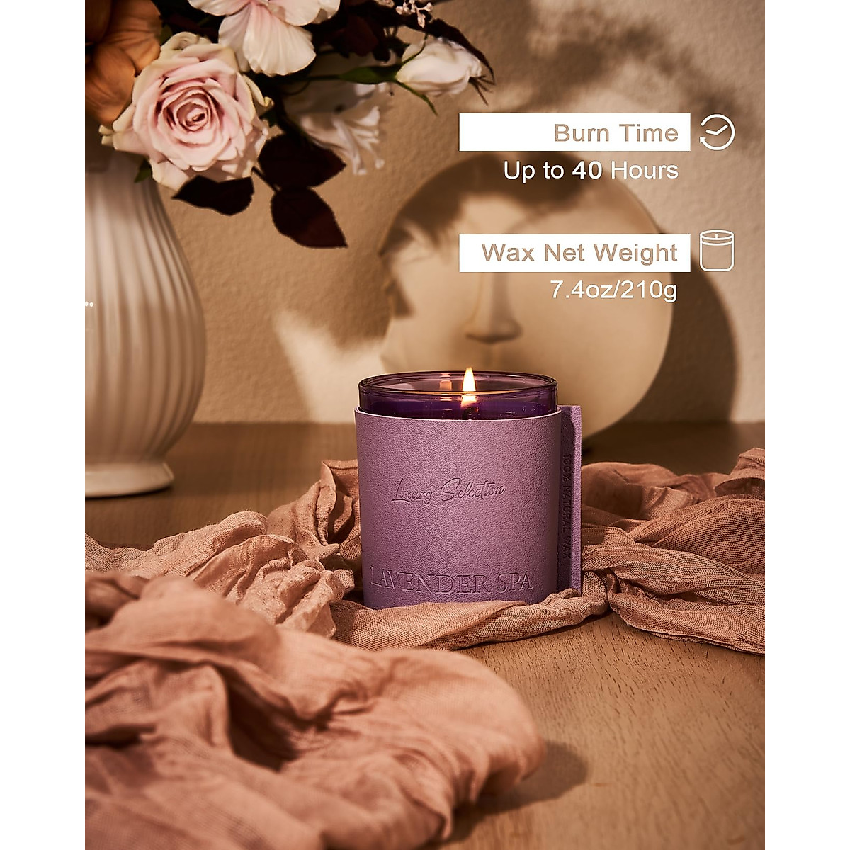 M&SENSE Lavender Spa Soy Candles for Home Scented, Stress Relief Aromatherapy Candles for Meditation Spa Yoga, Leather Wrapped Luxury Candle Gifts for Women,40 Hours Long Lasting, 7.4oz