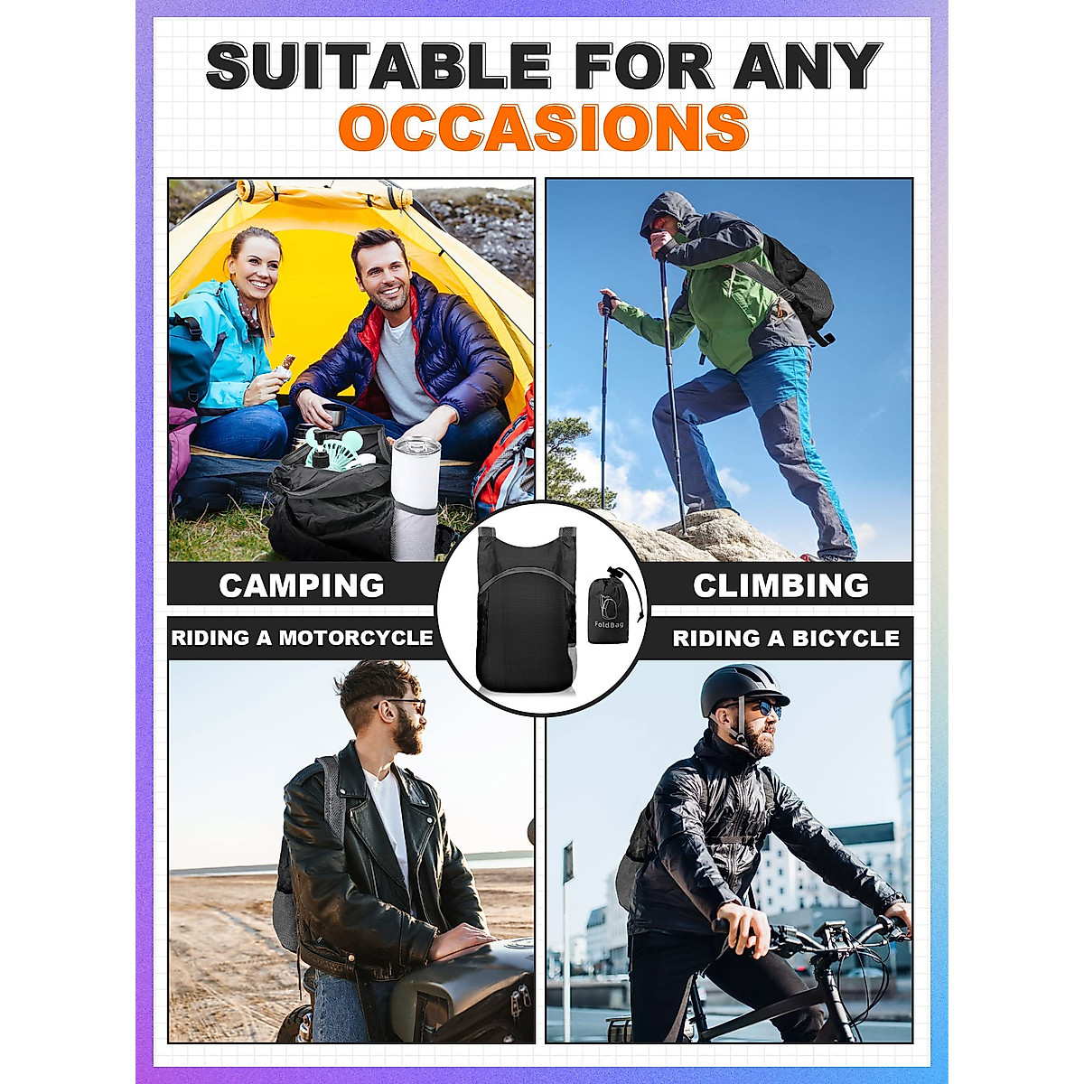 12 Pieces Foldable Hiking Daypacks Water Resistant Lightweight Packable Backpack Black Collapsible Backpack Camping Packable Bag for Women Men Travel Outdoor Running Sports Activities